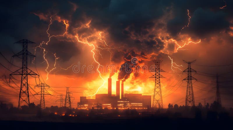 Dramatic Industrial Landscape Factory Lightning Strikes Stock Photos ...