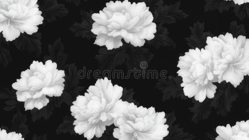 Dramatic Elegant Floral Pattern with White Peonies on Black Background ...
