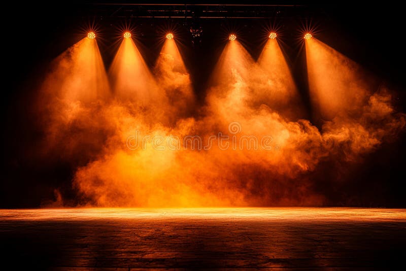 Dramatic Empty Stage Illuminated by Orange Light Beams and Smoke ...