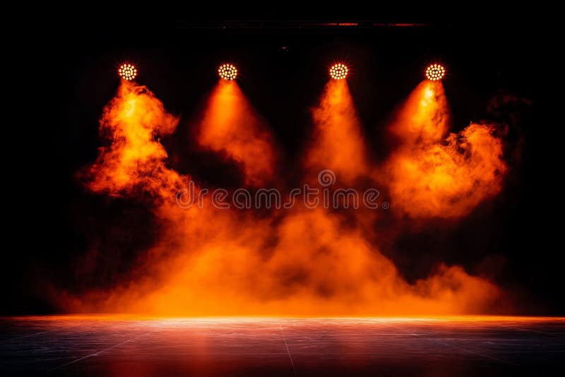Dramatic Empty Stage Illuminated by Orange Light Beams and Smoke ...