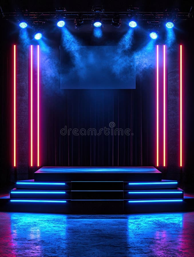 Stage with Blue Spotlights and Neon Lights. Stock Illustration ...