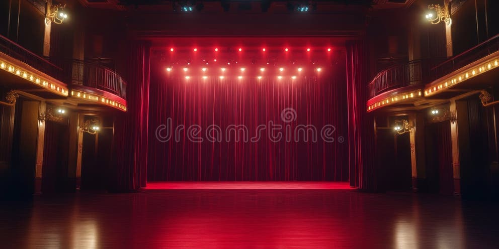 Dramatic Empty Theater Stage with Red Curtains and Spotlight Ready for ...