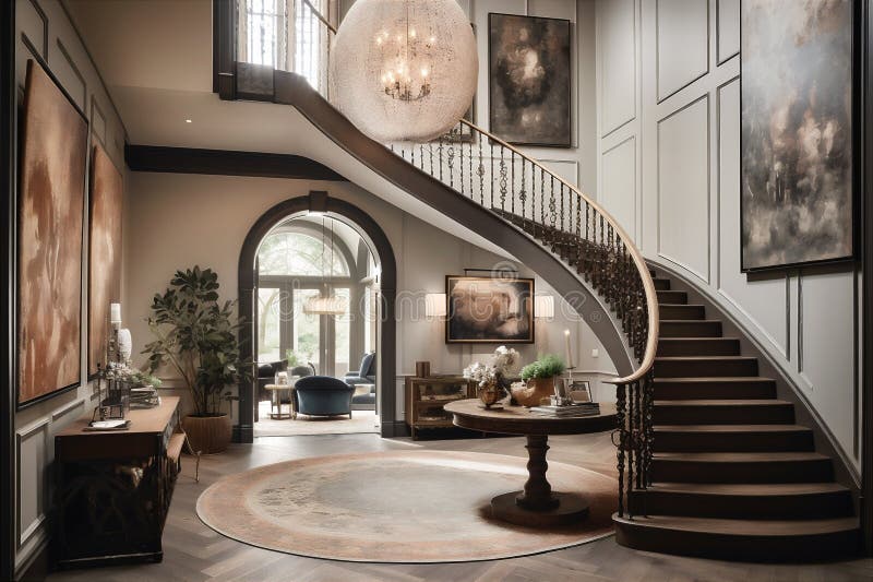 Dramatic Entryway with Grand Staircase, Large Chandelier. AI Generated ...