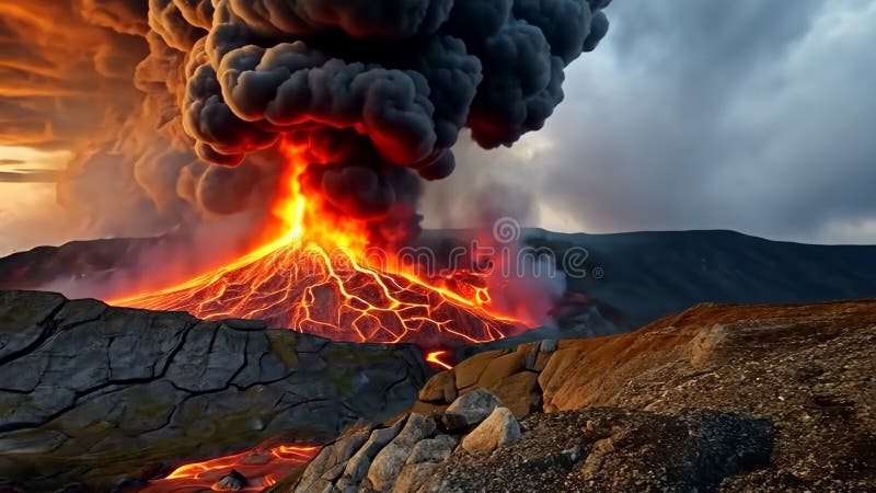 Dramatic Eruption of a Volcano with Ash and Lava Flow. Panorama with ...