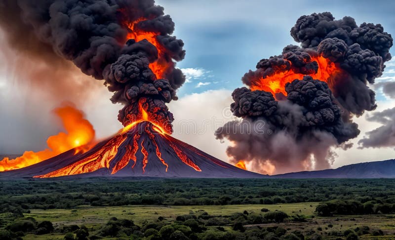 The Dramatic Eruption of a Volcano, Emphasizing the Fiery Lava Stock ...