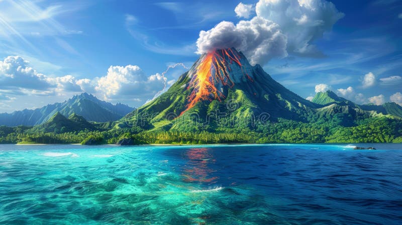 Dramatic Eruption of a Volcano on a Lush Tropical Island Surrounded by ...