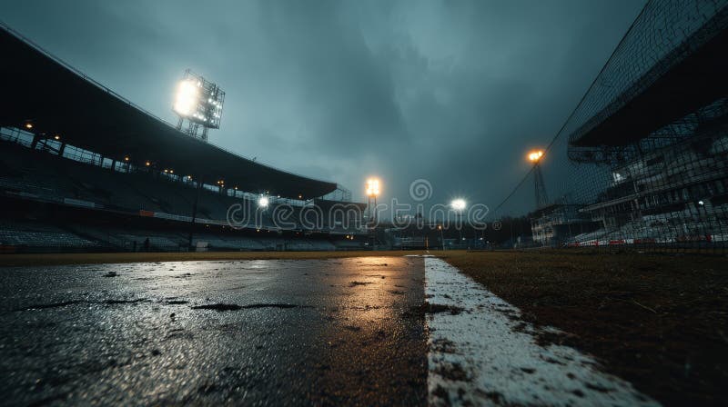 Dramatic Evening Lighting Over a Stadium with Reflections on Wet Ground ...