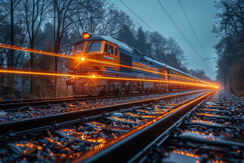 A Dramatic Evening Shot Capturing a Moving Train with Dynamic Light ...