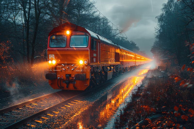 A Dramatic Evening Shot Capturing a Moving Train with Dynamic Light ...