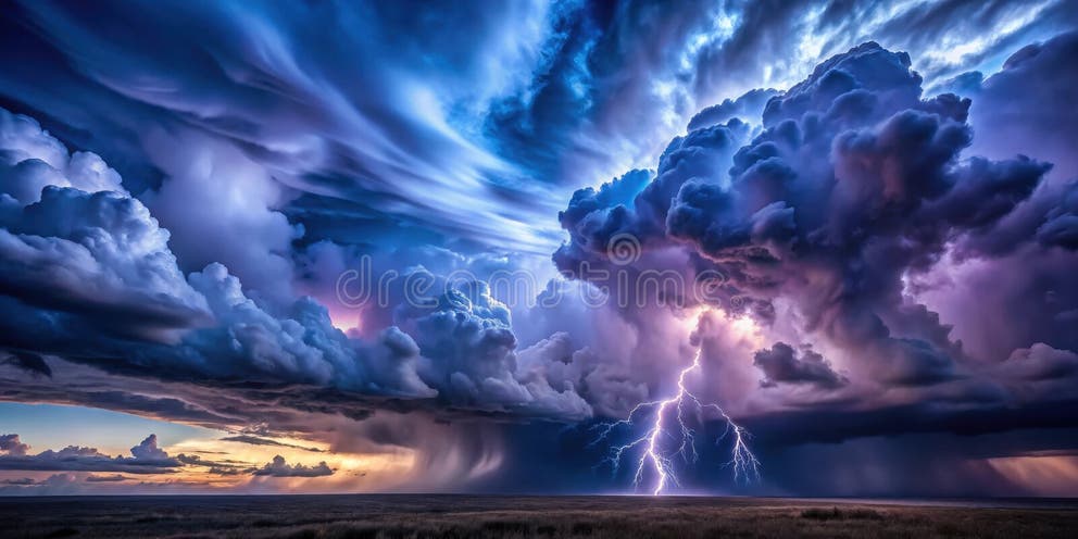 Dramatic Evening Sky with a Powerful Lightning Strike Across a Flat Landscape. Generative AI ...