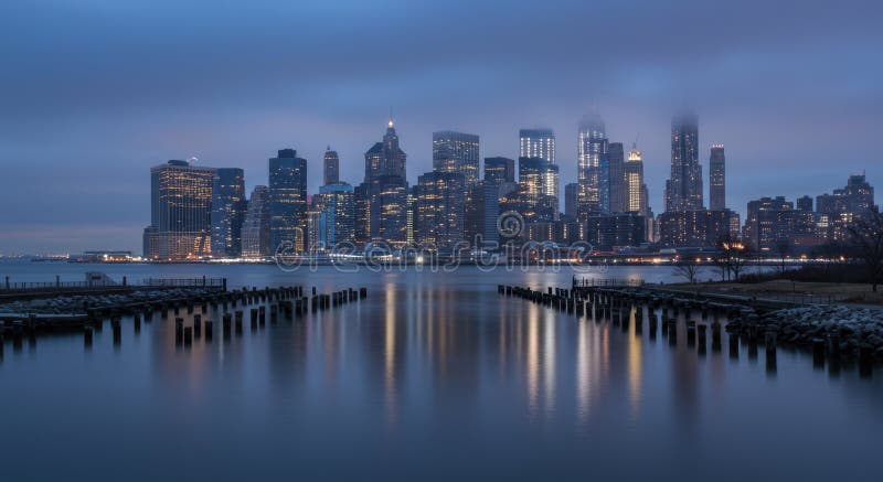 Dramatic Evening Skyline of New York City with Reflective Waterfront ...