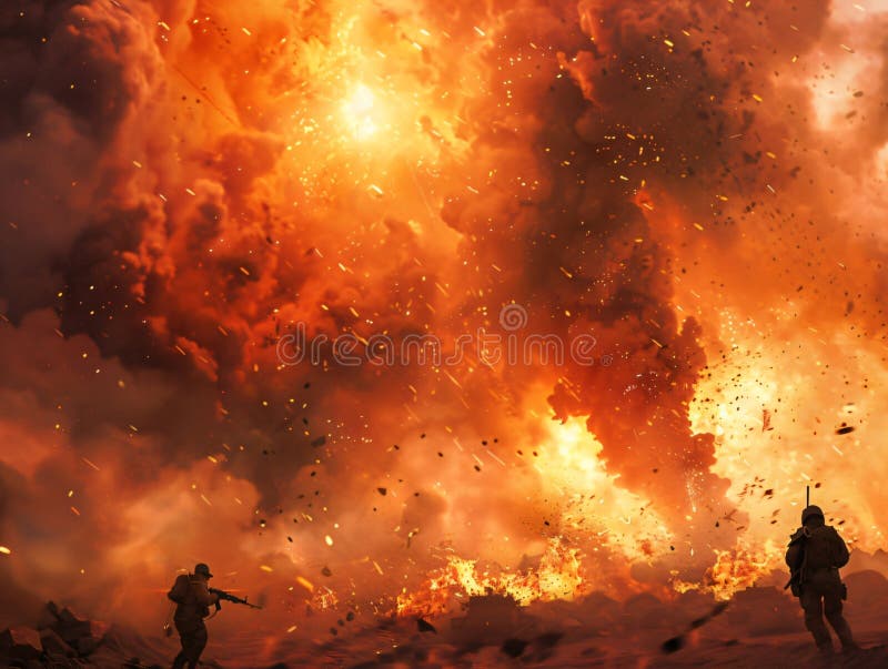 A Dramatic Explosion on a Battlefield with Soldiers Standing Infront of ...