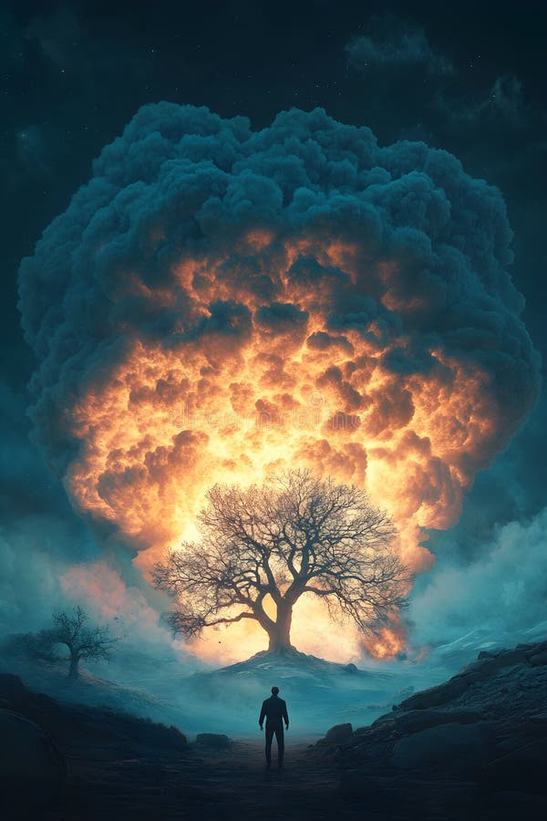 Dramatic Explosion Behind a Large Tree in a Surreal Nighttime Landscape ...