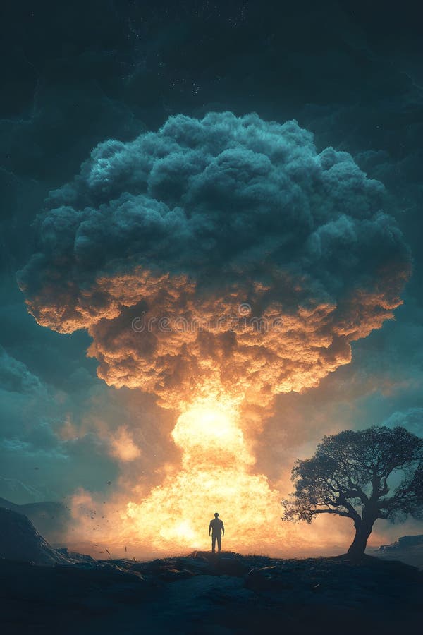 Dramatic Explosion Behind a Large Tree in a Surreal Nighttime Landscape ...