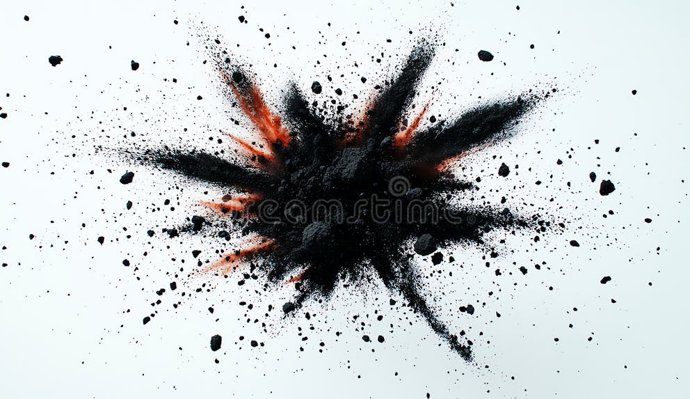 A Dramatic Explosion of Black and Red Particles on a White Background ...
