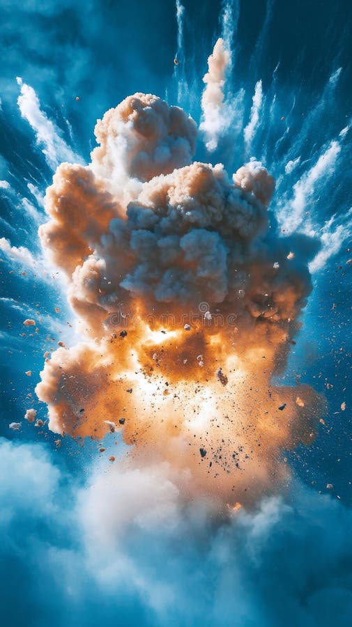 Dramatic Explosion in Blue Sky with Smoke and Debris, Vivid Colors ...