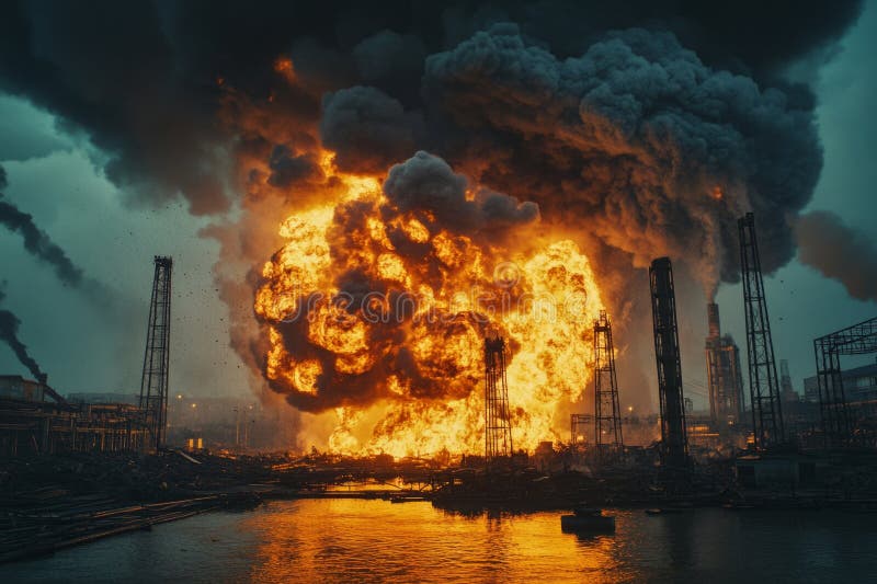 Dramatic Explosion Causing Massive Fireball and Smoke Over Industrial ...