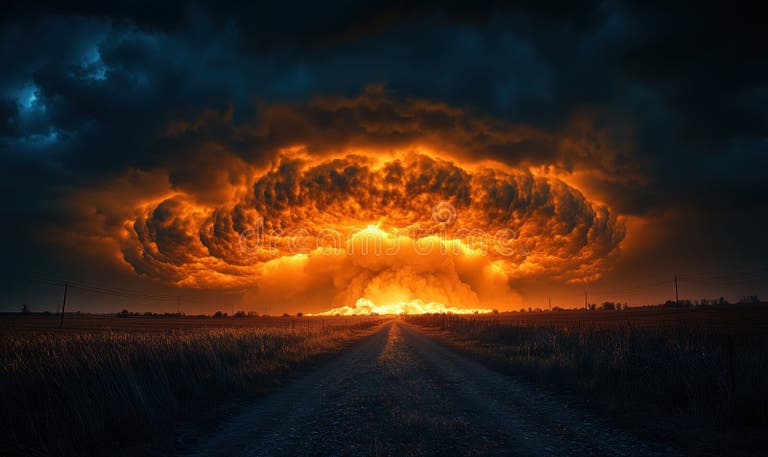 Dramatic Explosion Cloud Illuminating Dark Sky Over Rural Landscape ...