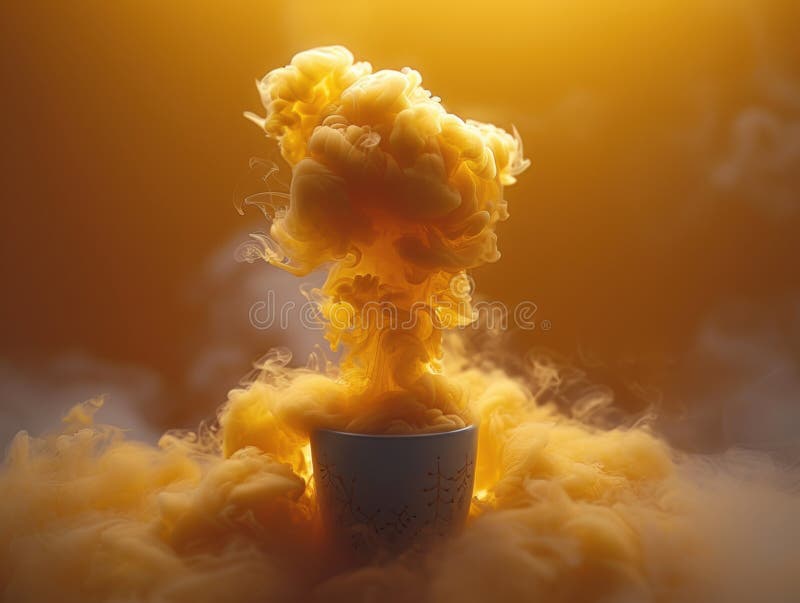Dramatic Explosion of Coffee from Cup in Ethereal Yellow Smoke Stock ...