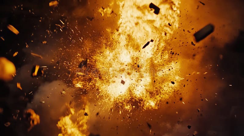 Dramatic Explosion Creating a Fiery Blast with Debris Flying through ...
