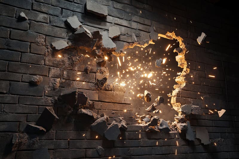 Dramatic Explosion Creating Hole in Brick Wall with Sparks Flying Stock ...