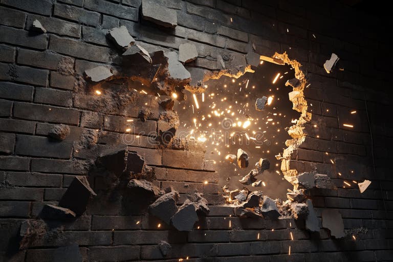 Dramatic Explosion Creating Hole in Brick Wall with Sparks Flying Stock ...