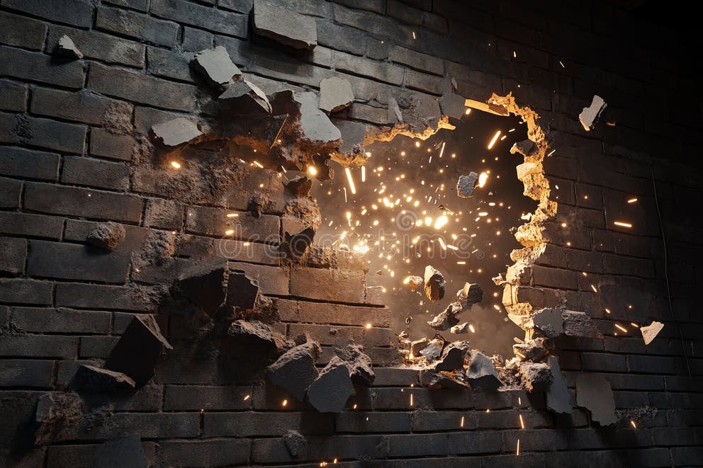 Dramatic Explosion Creating Hole in Brick Wall with Sparks Flying Stock ...