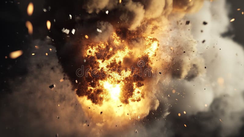 Dramatic Explosion in a Dark Setting with Flying Debris and Bright ...