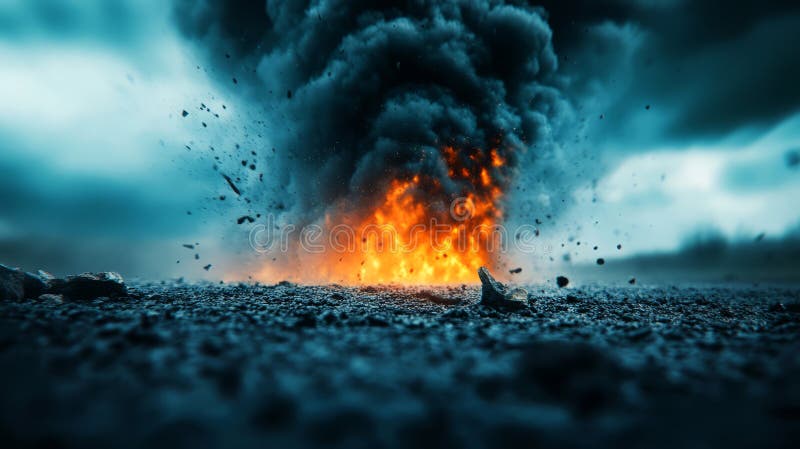 Dramatic Explosion with Dark Smoke and Fiery Flames Erupting from the ...
