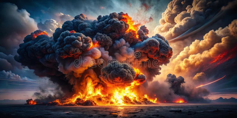 Dramatic Explosion Double Exposure Fiery Blast and Dense Smoke Clouds ...
