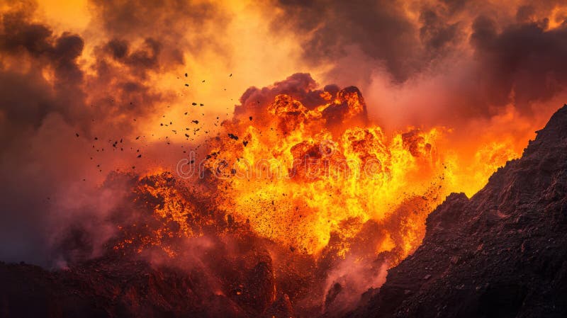 A Dramatic Explosion Erupting from a Distant Mountain, with Quality ...