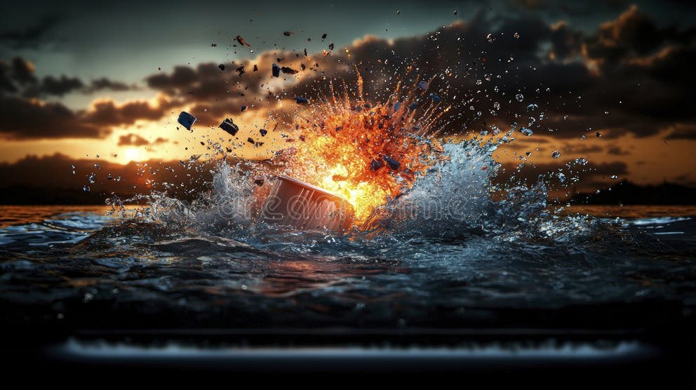 Dramatic Explosion Event in Ocean Visual Art Sunset Environment Close ...