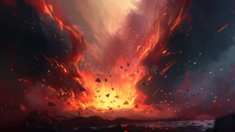 A Dramatic Explosion with Fiery Lava and Debris Amidst Dark Clouds ...