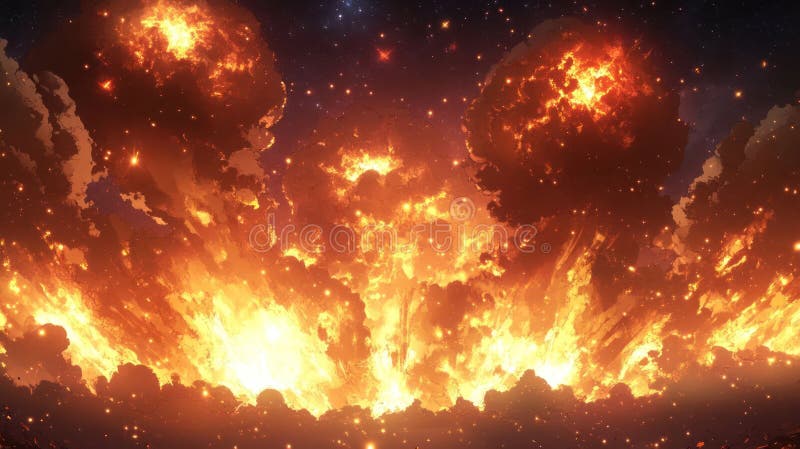 A Dramatic Explosion in a Fiery Sky, Showcasing Vibrant Flames and ...