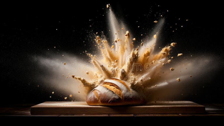 Fresh Bread Explosion with Flying Flour and Crumbs Stock Illustration ...