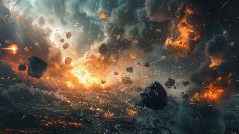 Dramatic Explosion with Flying Debris and Fiery Clouds during a Dynamic ...