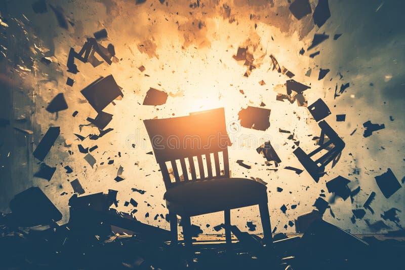 Dramatic Explosion with Flying Debris and Silhouetted Chair Against a ...