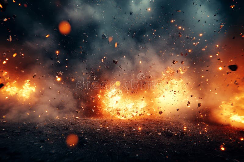 Dramatic Explosion with Flying Debris and Sparks Against a Dark Sky ...