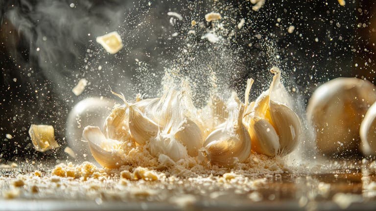 Dramatic Explosion of Garlic and Parmesan in Cooking Scene Stock Image ...