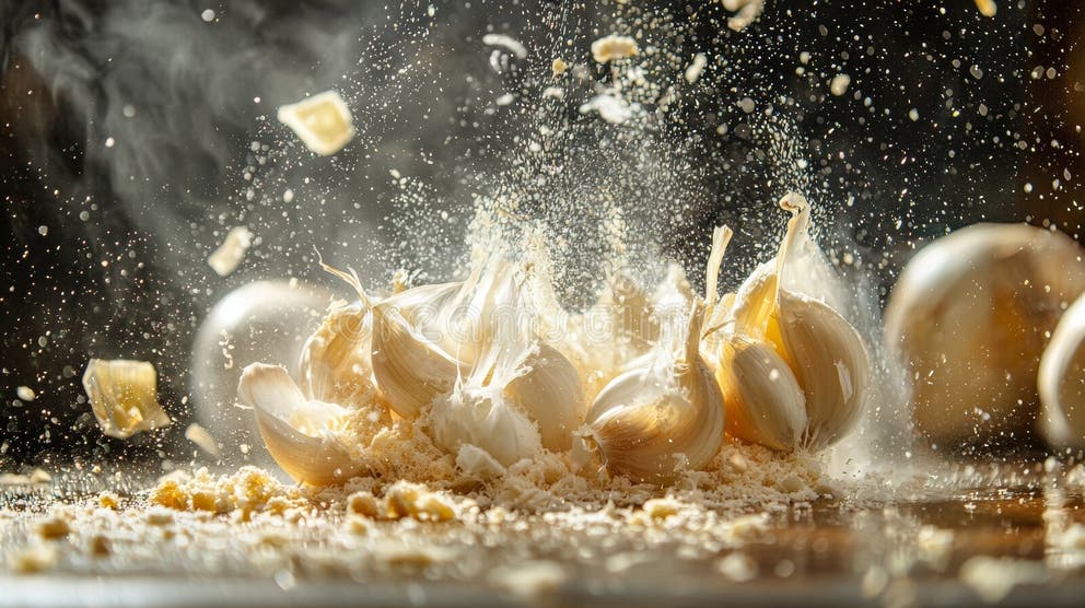 Dramatic Explosion of Garlic and Parmesan in Cooking Scene Stock Image ...