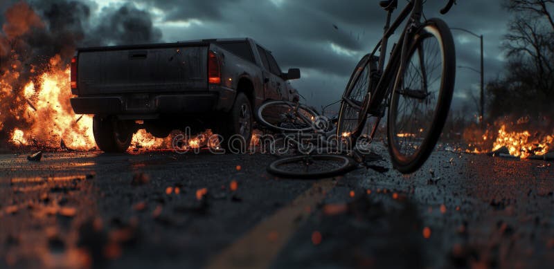 Catastrophic Explosion Scene with Burning Vehicles and Bicycles on Road ...