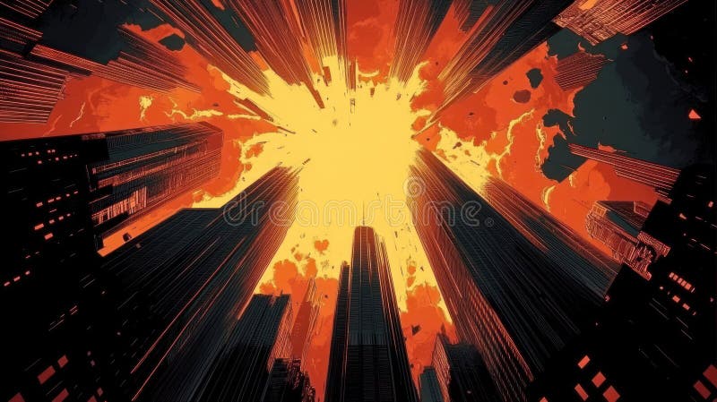 Fiery Cityscape: Exploding Sunset Over Skyscrapers Stock Illustration - Illustration of fire ...
