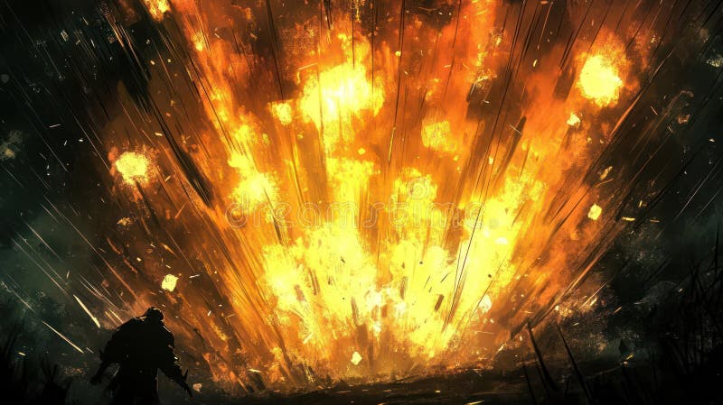 A Dramatic Explosion Illuminates the Scene, Silhouetting a Figure ...