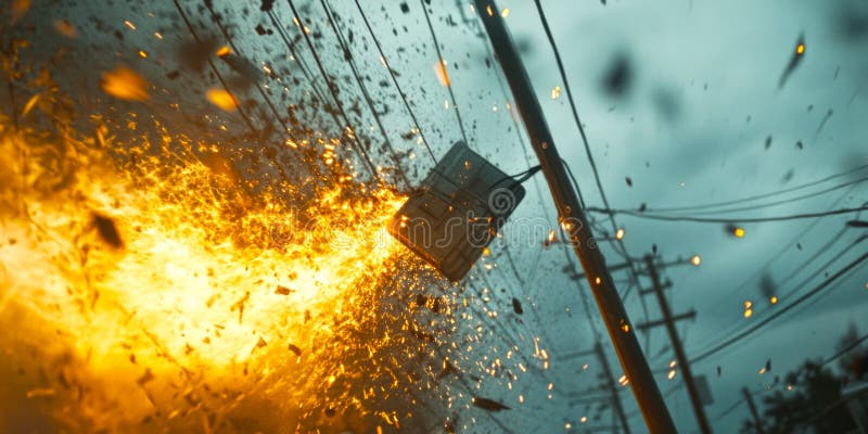 A Dramatic Explosion Lights Up the Sky As an Electric Pole Falls. this ...