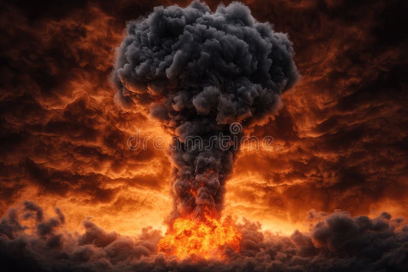 A Dramatic Explosion with a Mushroom Cloud Rising Against a Fiery Sky ...