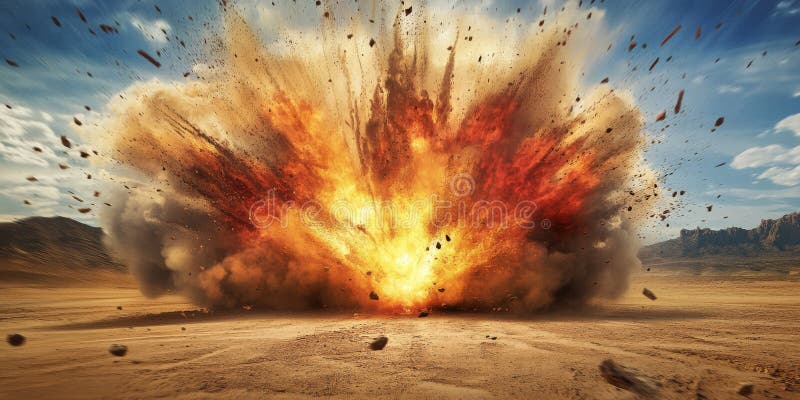 A Dramatic Explosion Occurs in the Desert, Accompanied by a Fiery and ...