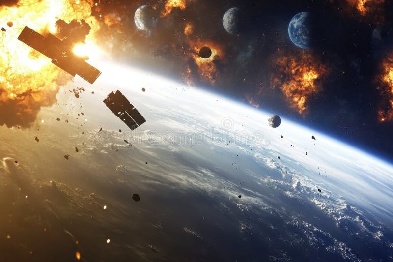 Explosive Event in Space with Debris and Planets Surrounding Earth ...