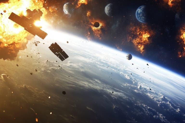 Explosive Event in Space with Debris and Planets Surrounding Earth ...