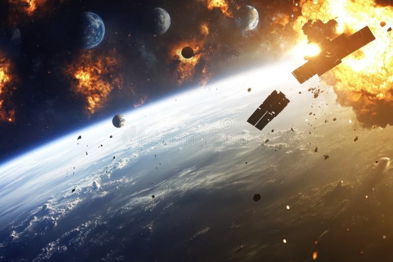 Explosive Event Space Debris Planets Surrounding Earth Stock Photos ...