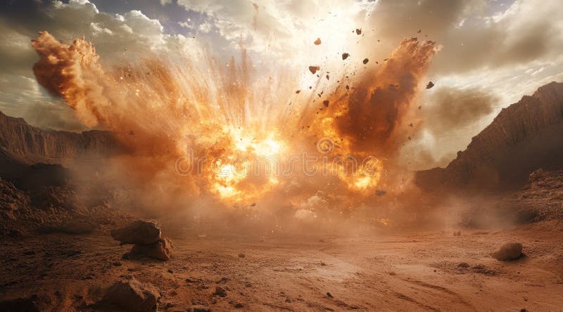 A Dramatic Explosion Occurs in a Vast Desert Landscape, Creating a ...
